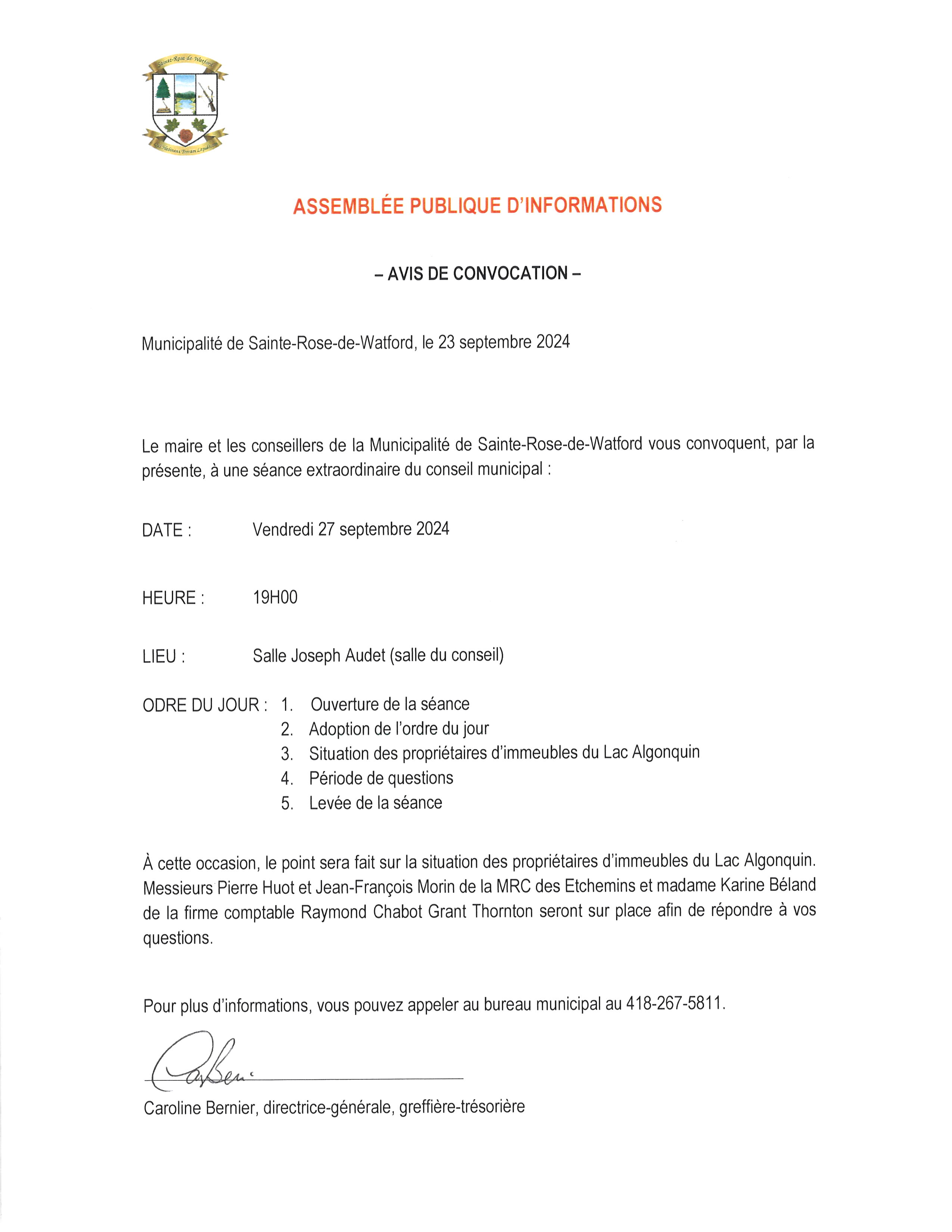 Avis de convocation | Municipalité de Sainte-Rose-de-Watford